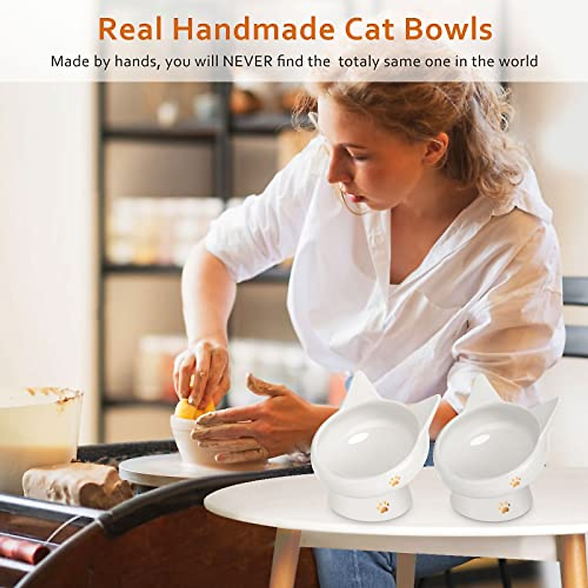 Cat Bowls, Ceramic Cat Food and Water Bowl Set Anti Vomiting, Tilted Elevated Bowls for Cat, Small Dogs, Protect Pet's Spine, Dishwasher and Microwave Safe,2 Pack