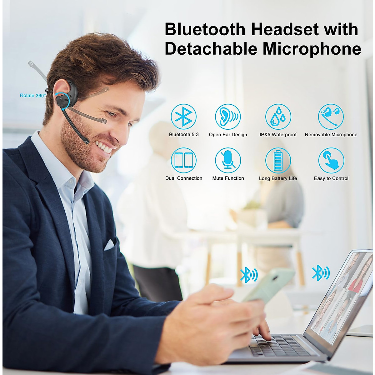 iDIGMALL Bluetooth Headset with Detachable Microphone, Multi-Point Wireless Headset w/DSP Noise Canceling Mic for Phone PC Laptop, Comfort & Light Open Ear headphones for Office Meeting Home Work, 12H