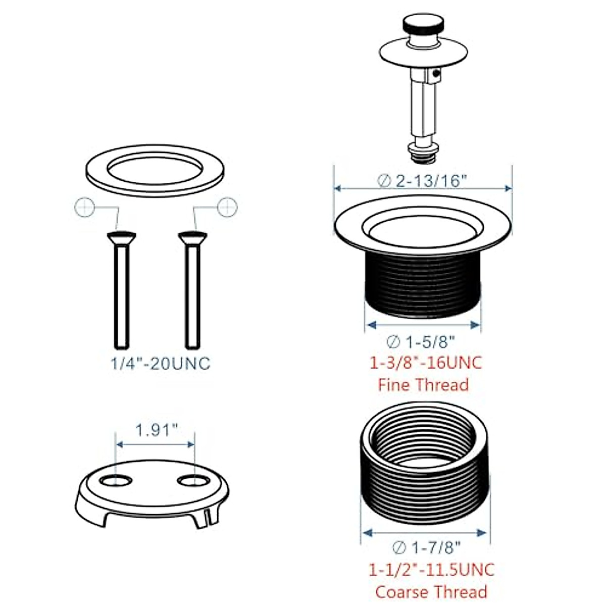 Black tub Drain Lift &Turn Tub Trim Set with Two-Hole Overflow Faceplate Conversion Kit Assembly, Hidrop Bathtub Drain Replacement Trim Kit and Universal Fine/Coarse Thread, Matte Black