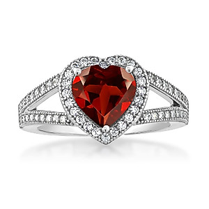 Gem Stone King 925 Sterling Silver Red Garnet & White Moissanite Ring For Women | 2.71 Cttw | Gemstone Birthstone | Heart Shape 8MM | Available In Size 5,6,7,8,9