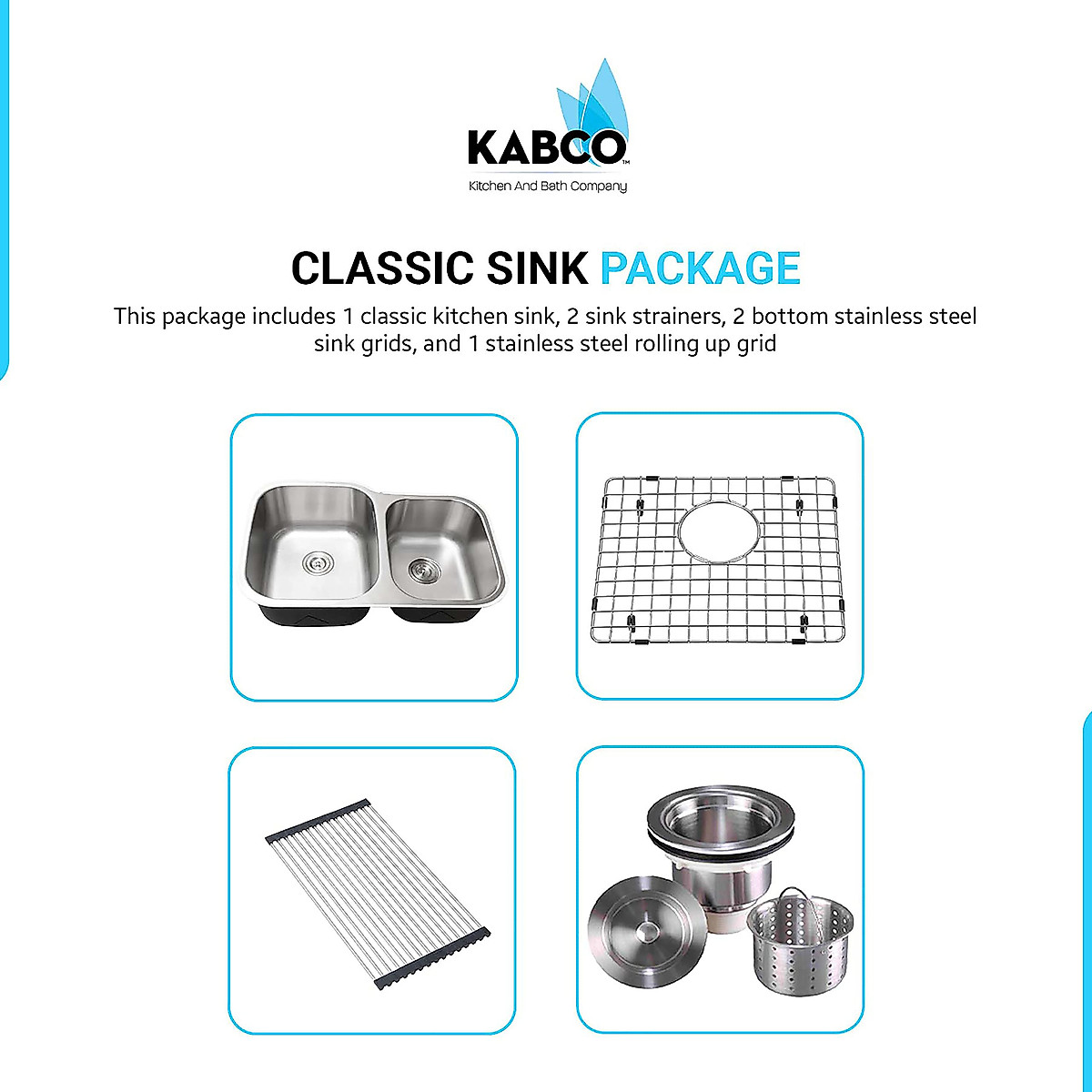 KABCO 32 Inch Double Unequal Bowl Classic Kitchen Sink with Sink Strainers, Sink Grids, Rolling Up Grid and a Removable Garbage Basket 16 Gauge Undermount Rust, Sound and Heatproof