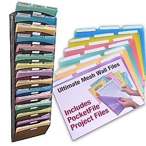 Ultimate Office Mesh Wall File Organizer, 15 Tier Vertical Mount Hanging File Sorter. Multipurpose Display Rack Includes 18, 3rd Cut PocketFile Clear Document Folder Project Pockets (Black)