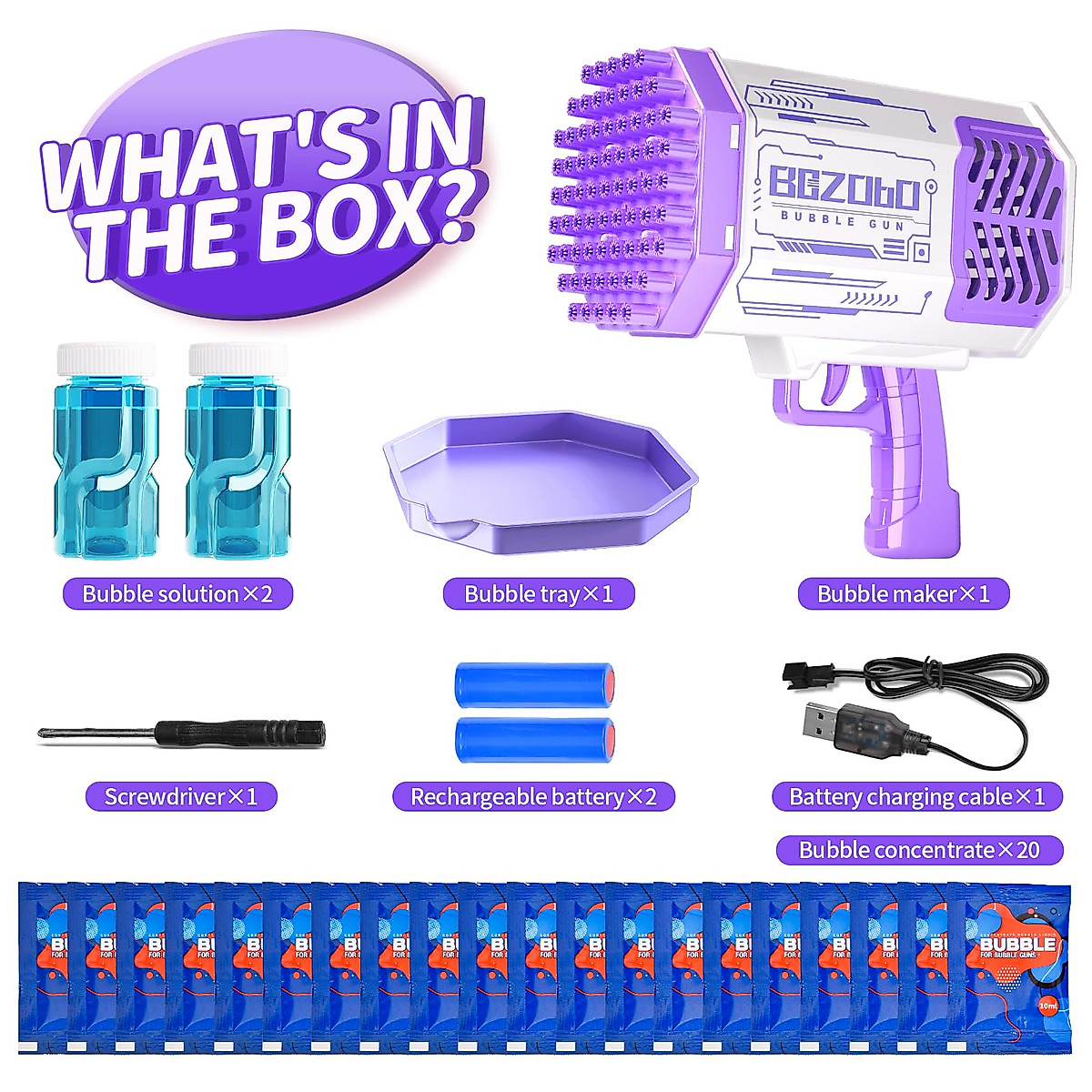 Bazooka Bubble Gun, Bubble Machine with 2 Batteries, LED Lights, 69 Holes Bubble Machine Gun for Kids Ages 3 4 5 6 7 8 Boy Girl Birthday Party Favors Toddler Outdoor Toys - Bubble Blower Purple