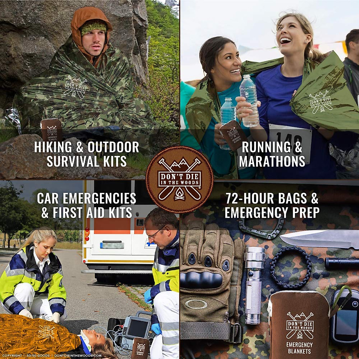 Don't Die In The Woods - Freakin’ Huge Emergency Blankets [4-Pack] Extra-Large Thermal Mylar Space Blankets with Ripstop Nylon Stuff Sacks + Carabiner Zipper Pack [Woodland Camo]