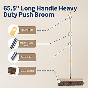 NICOFPHY 18" Push Broom Outdoor Heavy Duty - 65" Long Handle Large Wide Shop Broom, Commercial Stiff Palmyra Bristle Outside Broom Brush for Sweeping Concrete Floor, Garage, Patio, Shop, Yard, Lawn