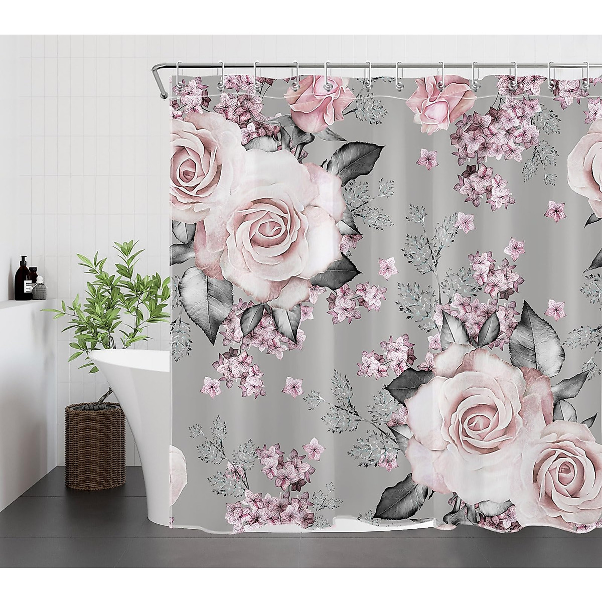 LB Pink Peony Floral Shower Curtain for Bathroom, Farmhouse Wildflower with Grey Leaf Fabric Shower Curtain with Hooks, Country Nature Plant Bathroom Curtain Shower Set, 72" W x 72" L