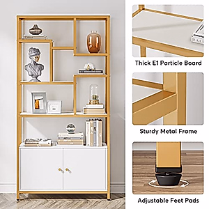 Tribesigns White Gold Bookshelf Bookcase with Doors 74 Inches Tall Bookshelf, Modern Gold Bookshelf 6 Tier Display Shelf Etagere Bookcase Narrow Metal Bookshelf for Living Room, Bedroom, Office