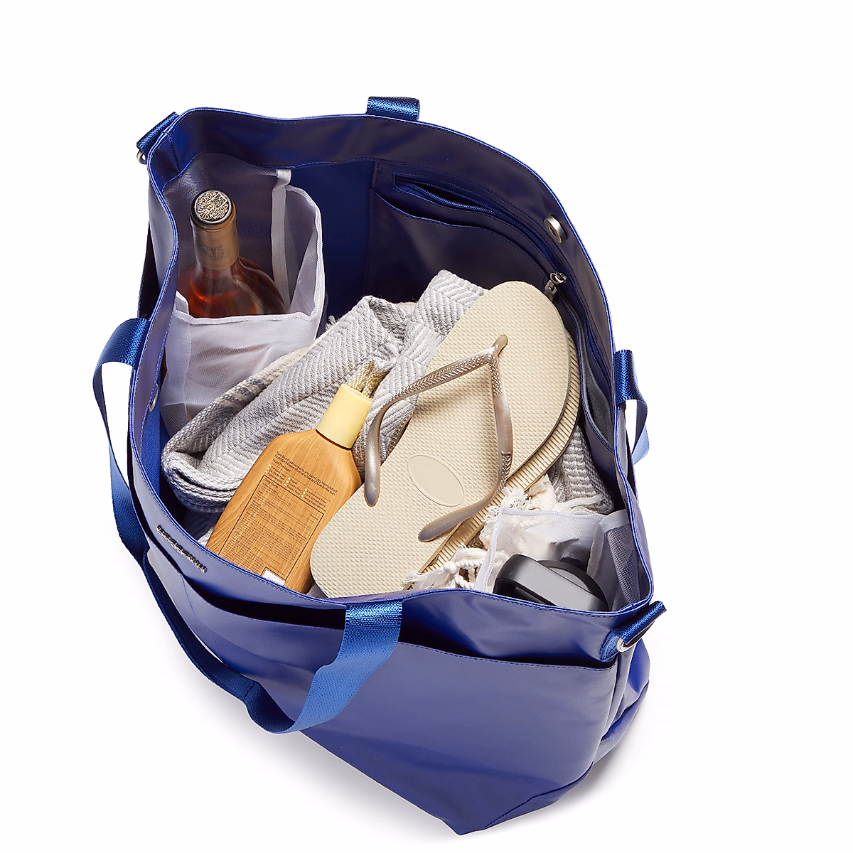 Baggallini Laminated Carryall Tote - Waterproof Beach Bag for Women - Travel Tote Bags with Scratch Resistant Pockets - Indigo Blue