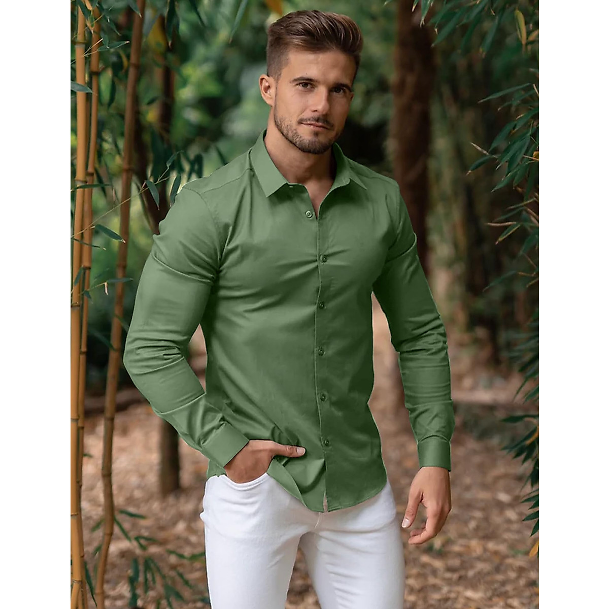 URRU Men's Muscle Dress Shirts Slim Fit Stretch Long Sleeve Casual Button Down Shirts Army Green L