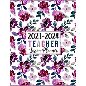 Teacher Lesson Planner 2023-2024: Large Weekly and Monthly Teacher Organizer Calendar | Lesson Plan Grade and Record Books for Teachers (Purple & Navy Watercolor Flowers)