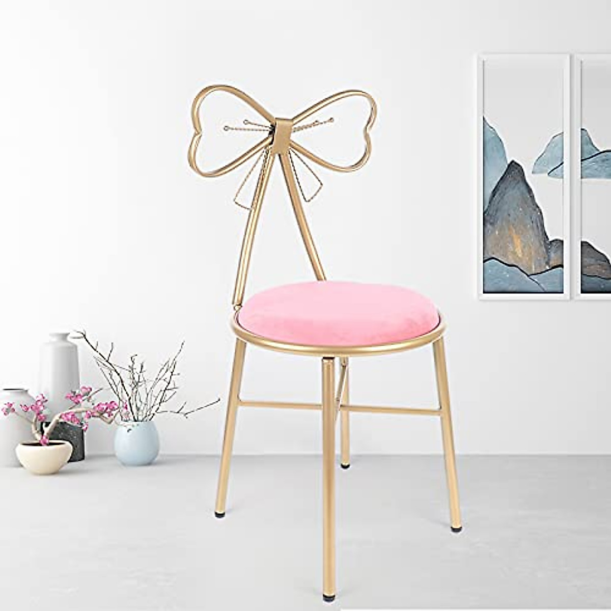 Gdrasuya10 82cm Soft Pink Velvet Cushion Butterfly Bow Tie Chairs Metal Frame Lounge Dresser Seats with Butterfly Backrest for Kitchen Dining Coffee Restaurant Bedroom Home Gold (A-Dark Pink)