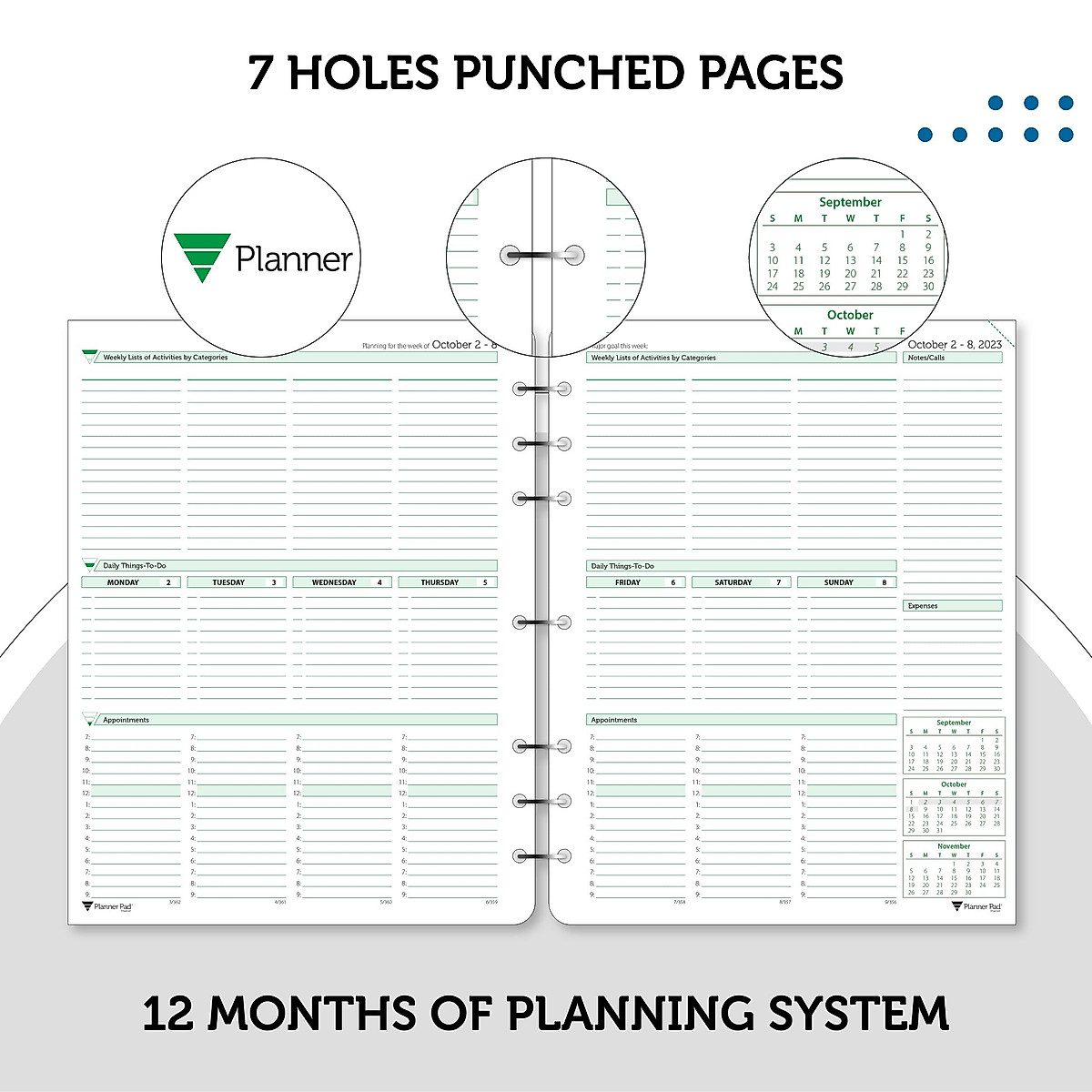 Planner Pad 7 Hole Loose Leaf 3-Tier Funnel Down 12 Month Organizer, Oct 1st Start (Oct 2023 - Sept 2024), Soft Green Ink, 8 1/2" x 11”