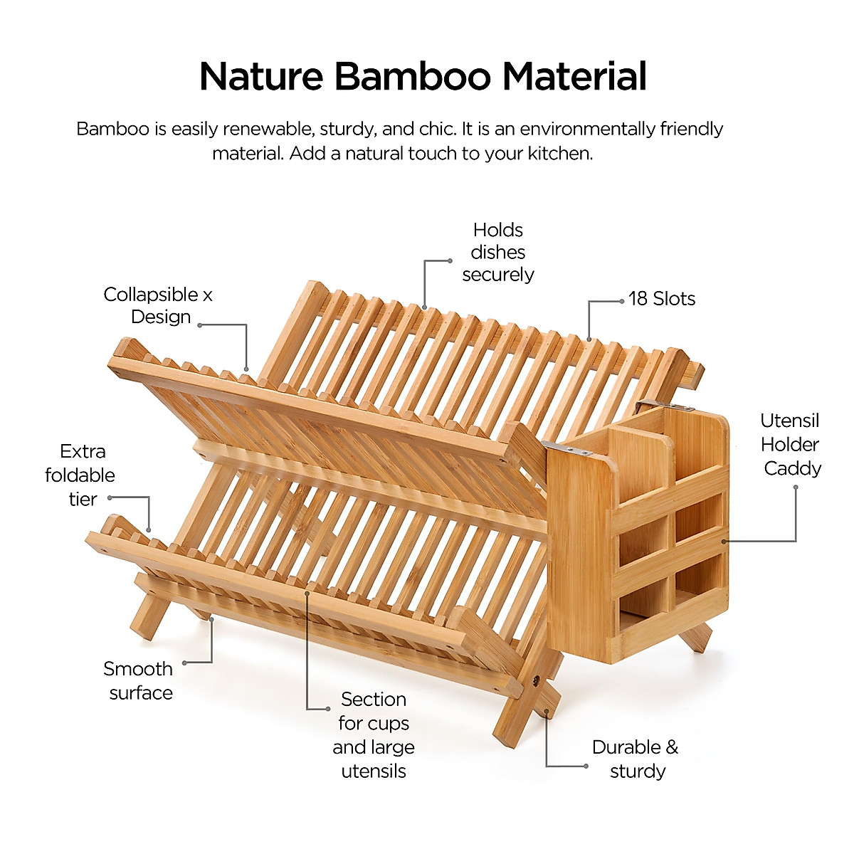 Oyydecor Bamboo Dish Drying Rack with Utensil Holder, 2 Tier Collapsible Dish Rack for Kitchen Counter, Large Folding Drying Holder, Dish Drainer, Kitchen Organizers and Storage
