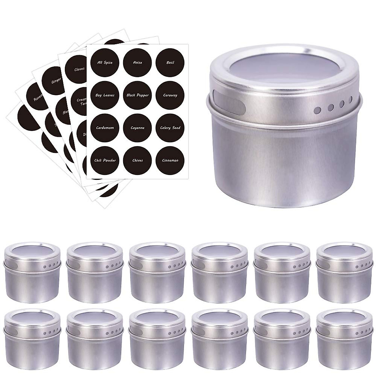 Magnetic Spice Tins & Labels, Storage Spice Containers, Window Top w/Sift-Pour (12 Jars 48 Pre-printed and 12 Blank Labels)