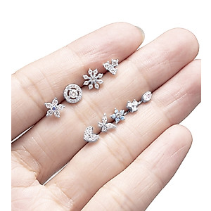 Tornito 9Pcs Nose Rings Stud L Shaped Nose Ring Flower CZ Snowflake Butterfly Screw Nose Stud Body Piercing Jewelry for Women Men 20G Silver Tone