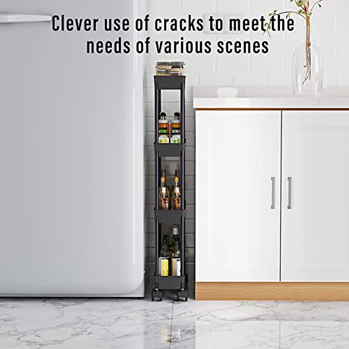 4 Tier Rolling Cart Kitchen Bathroom Utility Carts with Wheels 39 Inches Tall Slim Rolling Shelf Cart with 4 Universal Wheels Coner Storage Shelves Cart Black