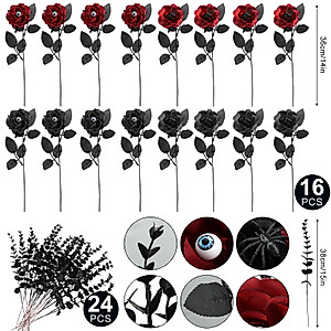 Hotop 40 Pcs Halloween Artificial Bloody Roses with Eyeball Flower Bouquet Set with Faux Eyeball Flowers Black Rose with Spiders Black Artificial Eucalyptus Stems Halloween Flowers Bulk Arrangements