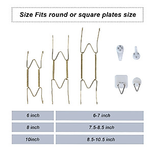 LYWBYJ 12 Pieces Invisible Vertical Plate Holders - 6 Pieces Stainless Steel Decorative Wire Plate Holders with 10 Pieces Wall Hooks for Decorative Plates (Gold, 6/8/10 Inch) ﻿