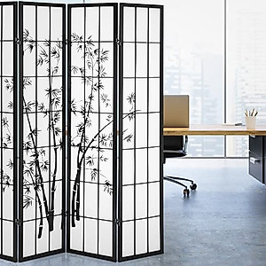 Athena Collection 4 Panel Room Dividers Bamboo Printing Privacy Screen, 5.9ft Japanese Folding Partition Room Divider Portable Freestanding Wood Room Separation Wall for Bedroom Home Office, Black