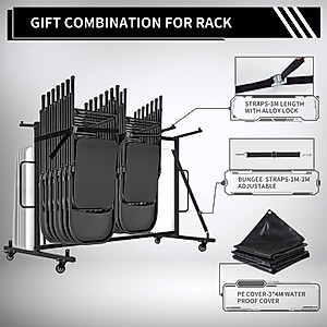 Folding Table and Chair Cart, Folding Chair and Table Storage Rack with 400LBS Capacity for 42 Folding Chairs Heavy Metal Folding Chair Dolly Holder Rack with Rubber Locking Wheels,Straps and Cover