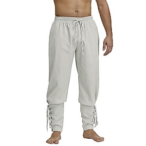 Men's Ankle Banded Cuff Renaissance Pants Medieval Viking Navigator Trousers Pirate Cosplay Costume with Drawstrings White-2XL