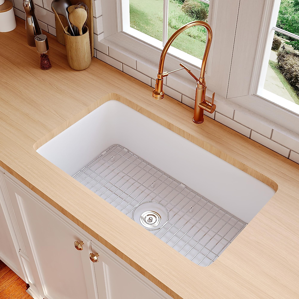 Undermount Kitchen Sink, DeerValley DV-1K513 Glen 30" L x 20" W White Single Bowl Kitchen Sink Fireclay Undermount Sink with Sink Grid and Basket Strainer