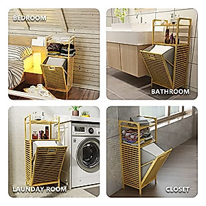 Bamboo Laundry Hamper Basket with Liner Bag Storage - Clothes Hamper with Handles 2-Tier Shelves Space Saving Laundry Room Shelves for Bathroom Living Room Bedroom Decorate