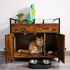 TC-HOMENY Cat Litter Box Enclosure Cabinet Storage Wooden Hidden Cat Washroom Furniture with 2 Doors, Drawers