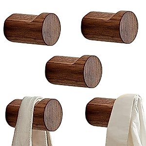 AULEST Wood Wall Hooks 5 PCS, Wooden Pegs Hooks Natural Handmade Home Decor Coat Hanger Wall Mounted for Hanging Robe Bag Purse Towel (Black Walnut)