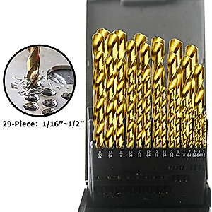 Monster & Master Titanium-Plated Drill Bit Set, High-Speed Steel Gold Drill Bits with 135-Degree Bifurcated Tip, 1/16"to 1/2", Long Twisted Metal Jobber Bit, 29-Piece