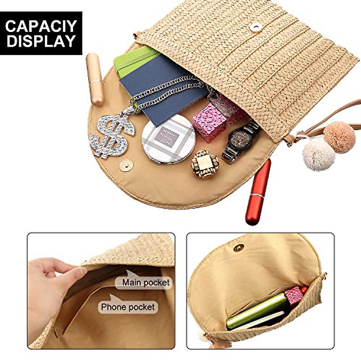 Frienda Straw Shoulder Bag Clutch Straw Crossbody Bag Beach Straw Handmade Bag Woven Rattan Bag for Women Envelope Wallet (Light Brown)