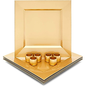 Square Metallic Gold Plastic Charger Plates and Napkin Rings Set (Serves 6)