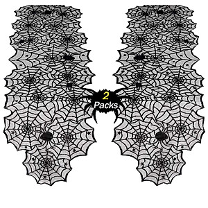 B-COOL Halloween Table Runners Lace 2 Packs Black Spider Web Linens Polyester Gathering Gothic Festival Fabric Decoration 18x72inch