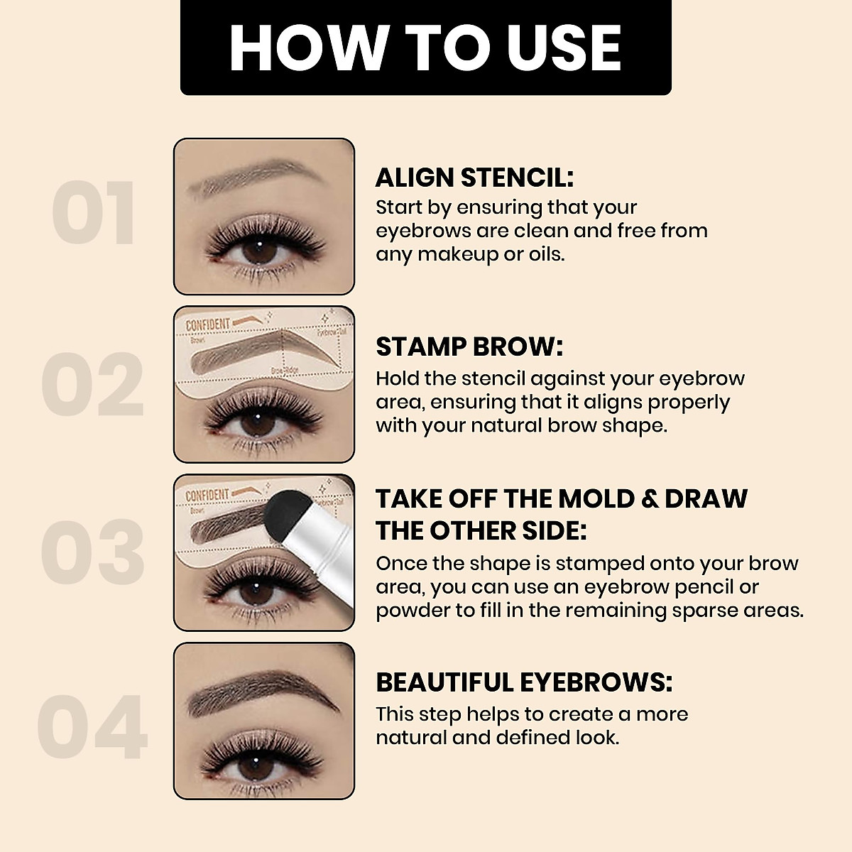 IBAZ Waterproof Eyebrow Stamp Kit: 10 Reusable Stencils, 2 Brushes, Light Brown