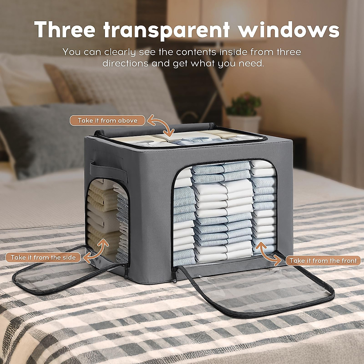 3-Pack Clothes Storage Bins with Metal Frame, Foldable 40L Linen Storage Boxes with Lids, Clear Windows, Zippers & Durable Handles - Grey