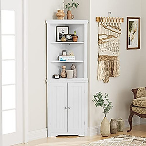 YESHOMY Corner Cabinet Shelves, Side Free Standing Storage Organizer with Large Space and Two Doors, Home Furniture for Multifunction in Living Room, Bathroom, Hallway, Kitchen, Bedroom, White