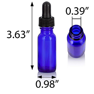 JUVITUS 0.5 oz / 15 ml Cobalt Blue Glass Boston Round Bottle with Black Dropper (2 Pack) + Funnel
