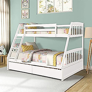 ATH-S Twin Over Twin Bunk Bed for Boys Girls Teens Adults, Solid Wood Bunk Bed Frame with Trundle and Drawers, No Box Spring Needed, White (Color : White with Drawers, Size : Twin Over Full)