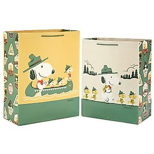 Hallmark Peanuts Gift Bag Bundle (2 Bags: 1 Large 13", 1 XL 15") Snoopy and Woodstock for Father's Day, Birthdays, Summer Camp