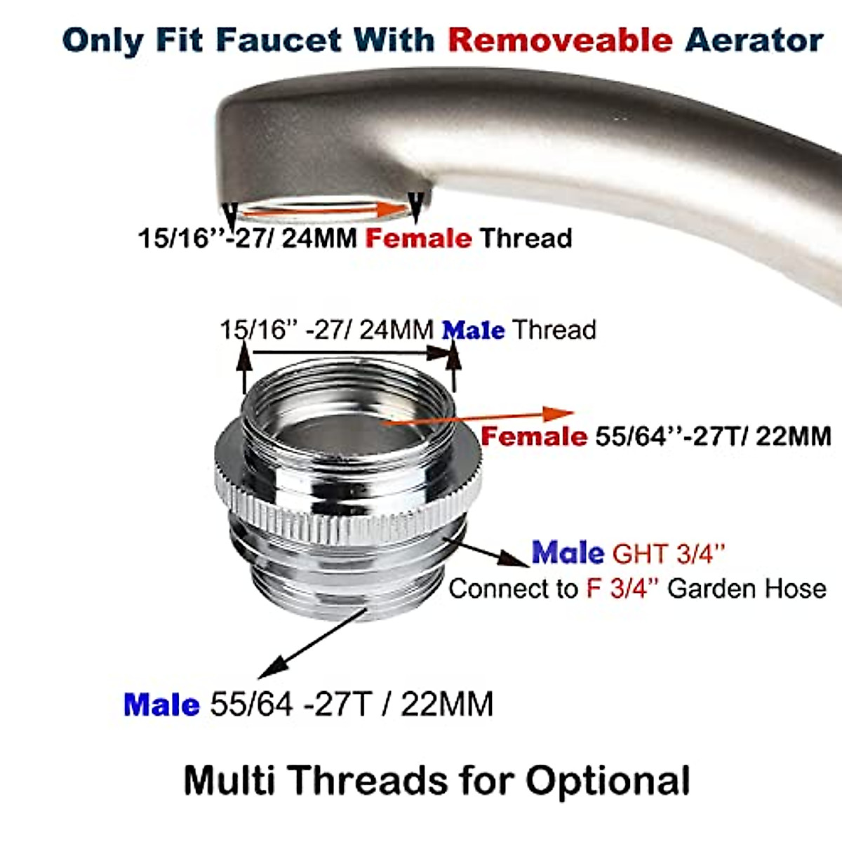 Faucet Adapter Faucet to Hose Adapter - Multi-Thread Garden Hose Adapter with Gaskets, Kitchen Sink Faucet Adapter to Garden Hose, Brass Aerator Adapter for Female to Male and Male to Male (2 pack）