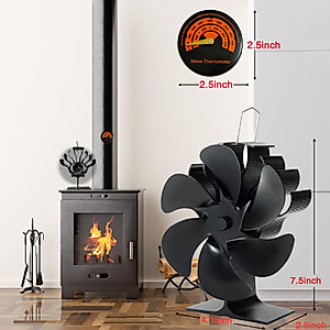 Toanel Wood Stove Fan Heat Powered 6 Blades Non Electric Fireplace Fan with Magnetic Thermometer for Wood Gas Burning Stove Pellet Log Burner