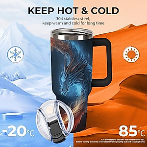 HJUQNGF 40 Oz Personalized Tumbler with Handle And Straw Fire And Ice Dragons Stainless Steel Insulated Tumblers Reusable Car Thermal Cup Travel Coffee Mug for Women Men