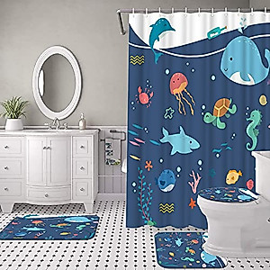 AtGoWac 4 Piece Blue Ocean Fish Shower Curtain Sets with Rugs, Lovely Cartoon Undersea World Shower Curtains, Kids Children Bathroom Decor Set