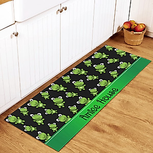 Green Frog on Black Personalized Kitchen Mat Rug,Custom Floor Door Mat Anti-Slip Rugs for Kitchen,Bathroom,Laundry,48x17Inch