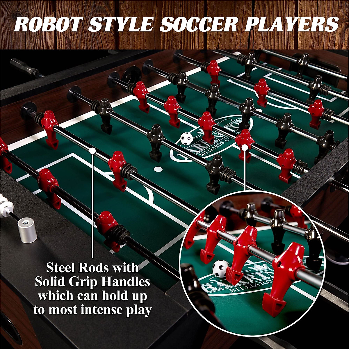 Soccer Foosball Table and Balls Set for Adults, Kids - Indoor Arcade Football Game Room Furniture 58 in Robot Style Players Bead Style Scorers Accessories Included, Brown Black