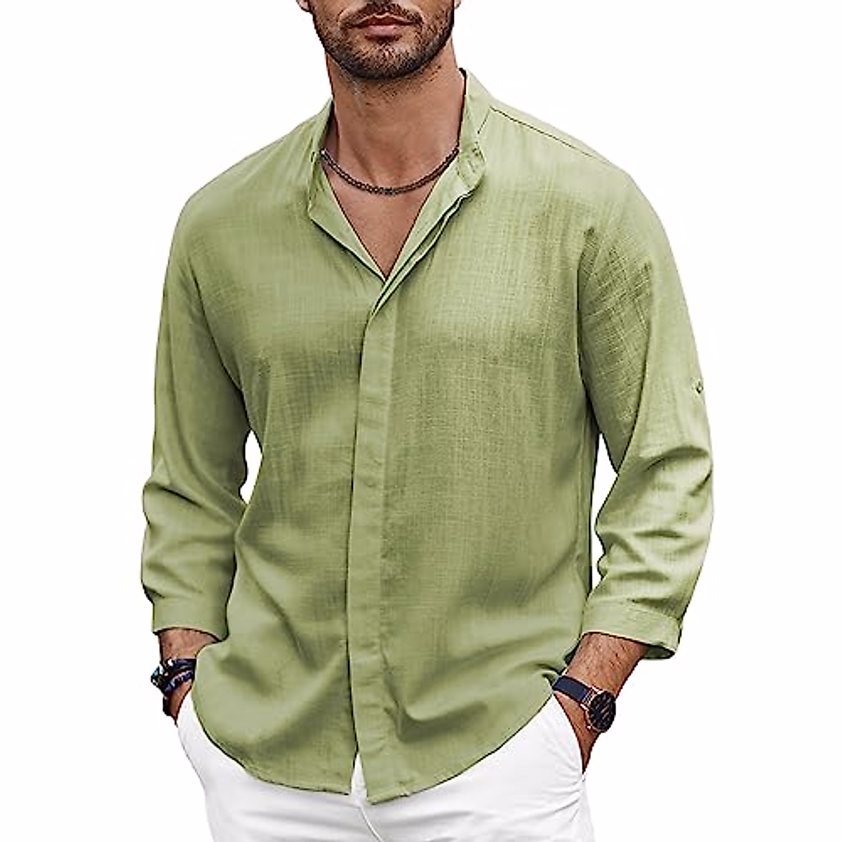 COOFANDY Linen Shirts Casual Men Lightweight Beach Shirts Long Sleeve Summer Button Up Shirt Green