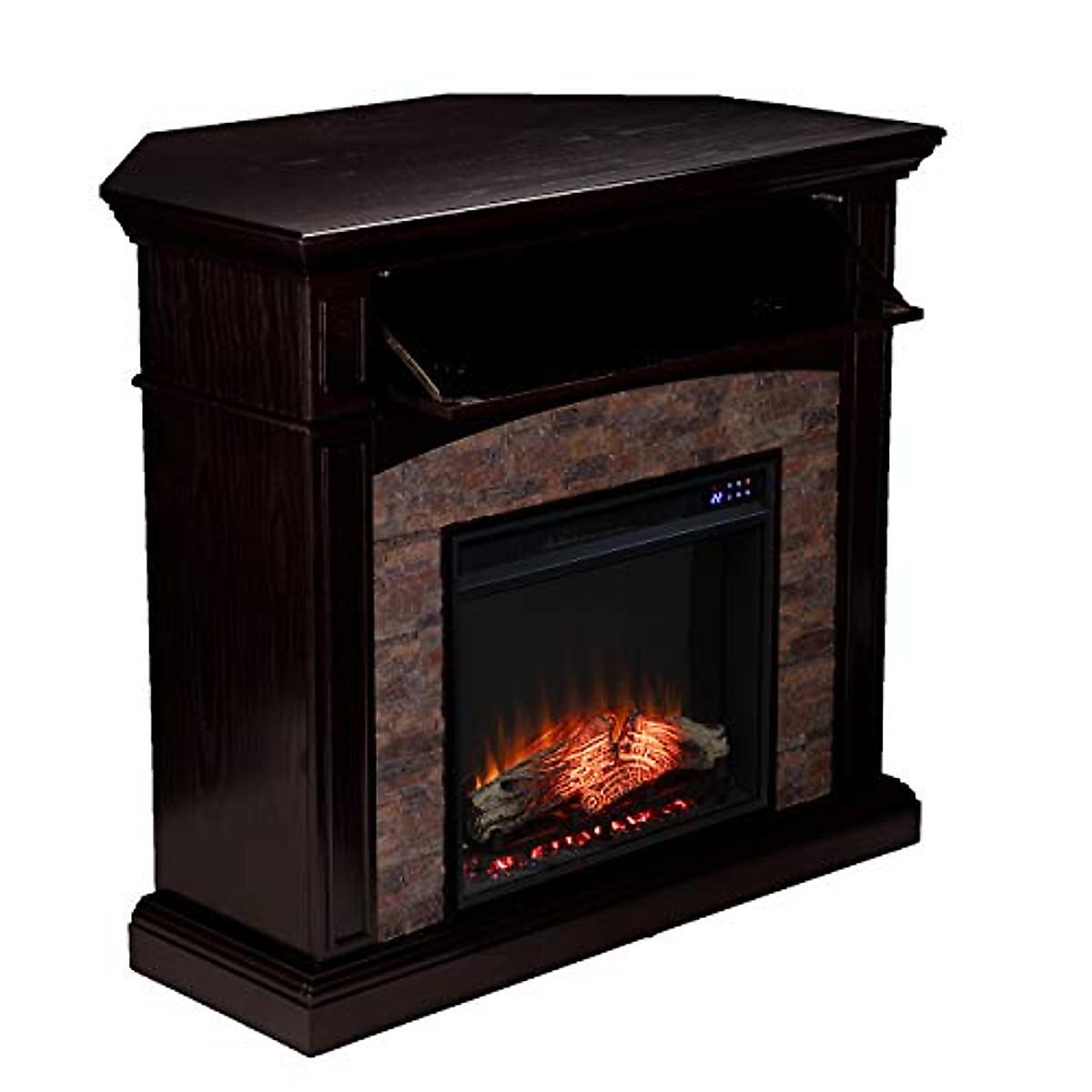 SEI Furniture Grantham Faux Stone Corner Electric Fireplace with Hidden Media Shelf, New Ebony