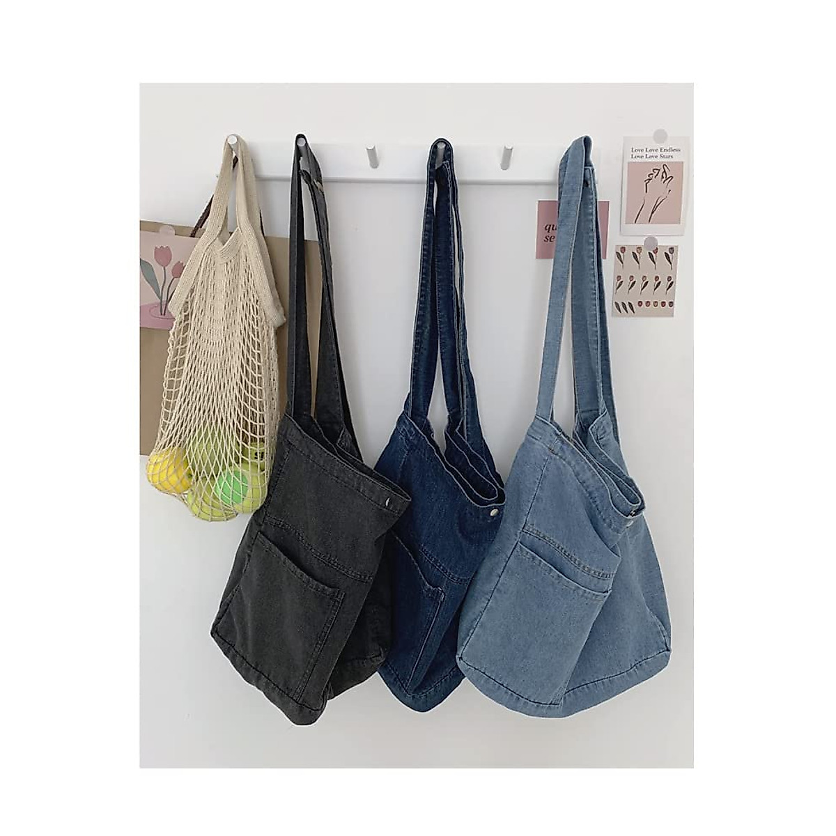 Retro Y2K Denim Shoulder Bag, Large Capacity Hobo Crossbody Messenger Bag, Aesthetic Handbag Fairy Grunge Tote Bag (Dark Blue)