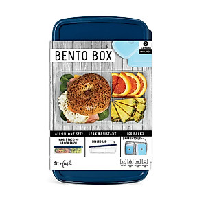 LOTG by Fit + Fresh Bento Box Kit, Three-Compartment Lunch Container Includes 2 Slim Ice Packs, Reusable & Leak-Resistant, Perfect for Insulated Lunch Bag, Lunch Box & More, Navy