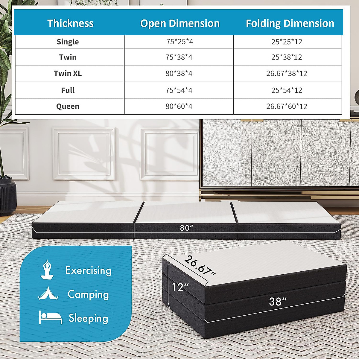 wOod-it Folding Mattress, 4 inch Tri-Fold Memory Foam Mattress Topper for Camping, Foldable Guest Bed, Portable Travel Mat with Washable Cover, 80"×38"×4", White